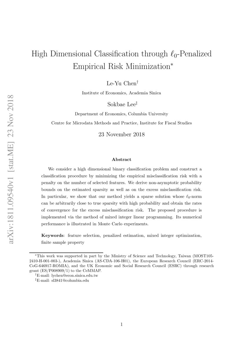 High Dimensional Classification through ℓ_0-Penalized Empirical Risk ...