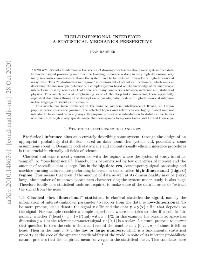 High-dimensional inference: a statistical mechanics perspective | DeepAI