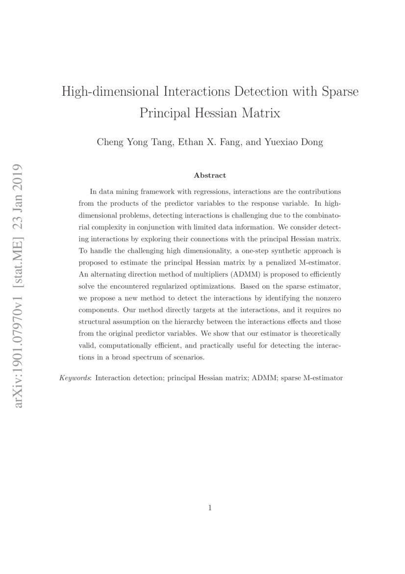 High-dimensional Interactions Detection with Sparse Principal Hessian Matrix | DeepAI
