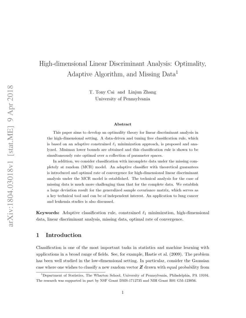 High Dimensional Linear Discriminant Analysis Optimality Adaptive Algorithm And Missing Data