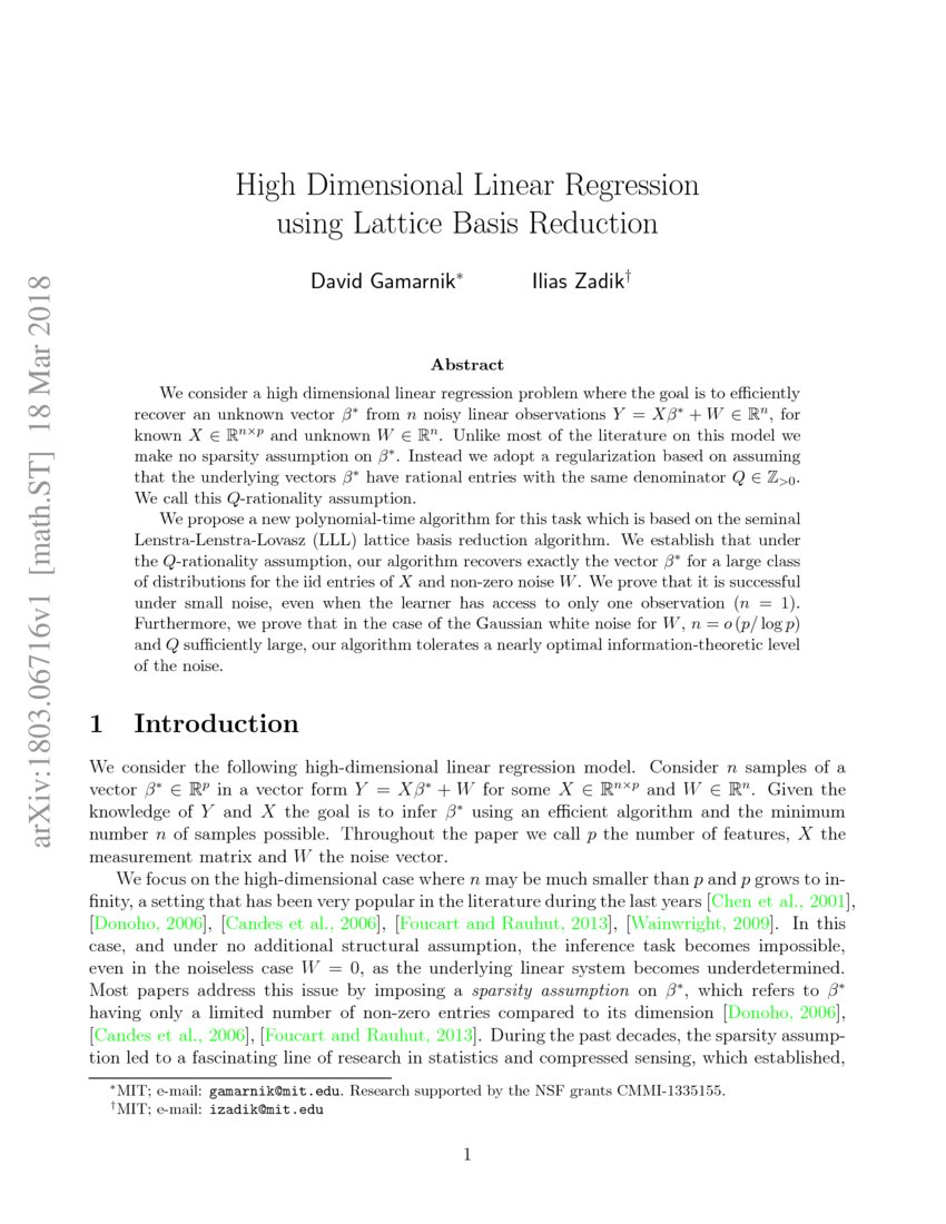 High Dimensional Linear Regression using Lattice Basis Reduction | DeepAI