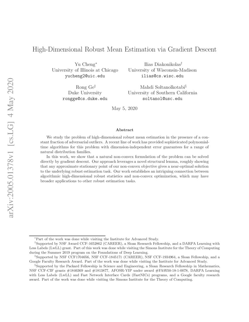 High Dimensional Robust Mean Estimation Via Gradient Descent Deepai