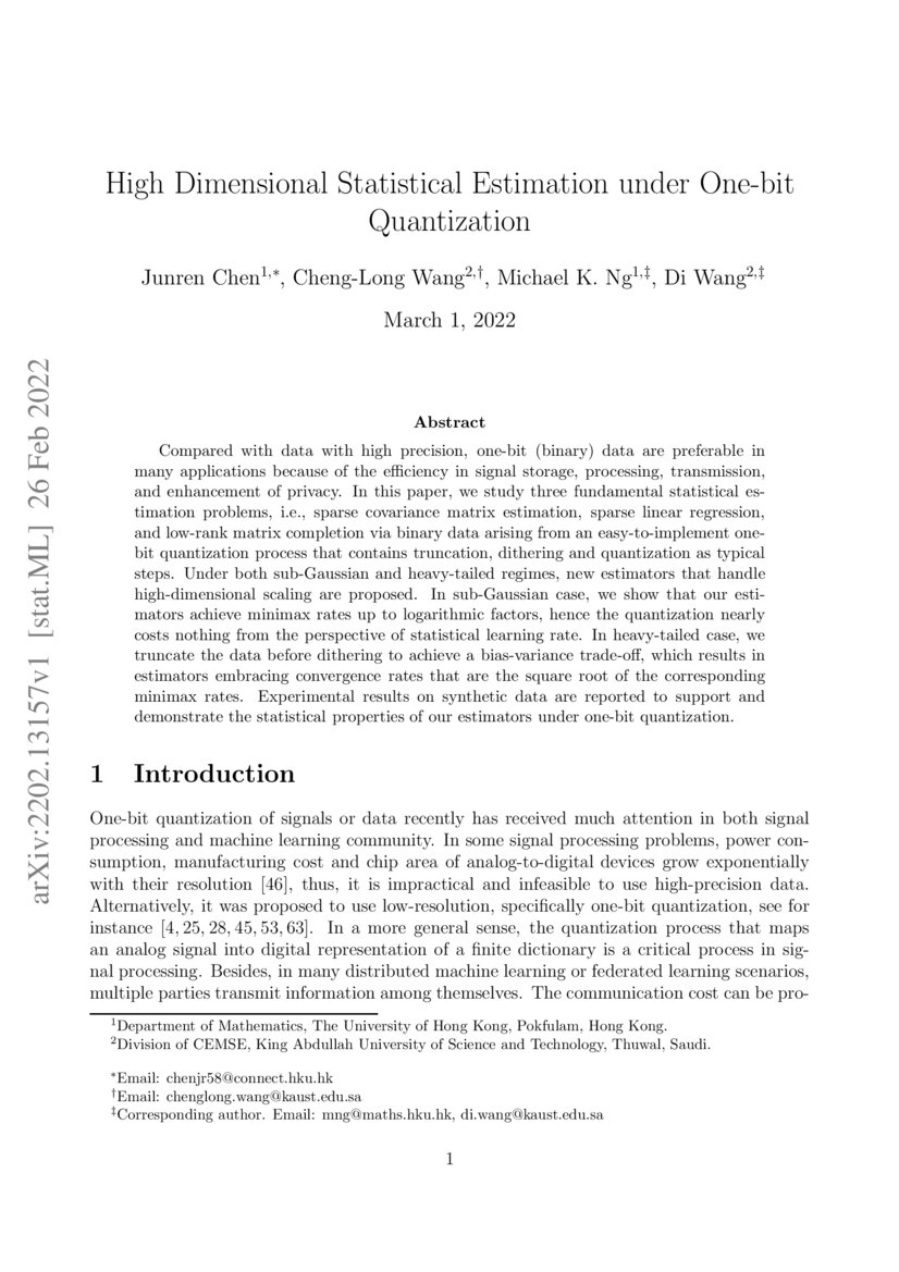 High Dimensional Statistical Estimation under One-bit Quantization | DeepAI