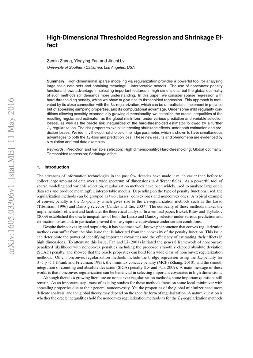 High dimensional thresholded regression and shrinkage effect | DeepAI