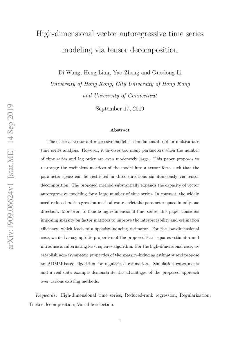 High Dimensional Vector Autoregressive Time Series Modeling Via Tensor Decomposition Deepai
