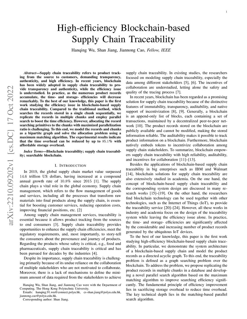 High-efficiency Blockchain-based Supply Chain Traceability | DeepAI