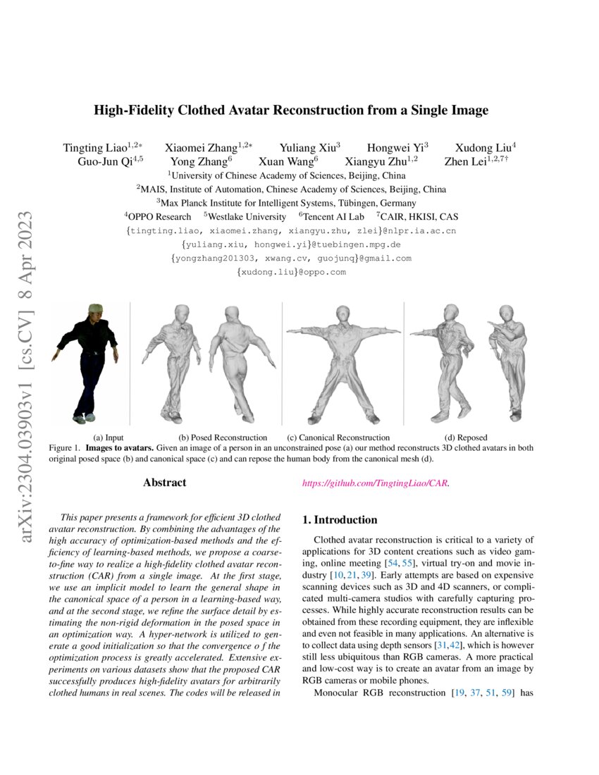 High-Fidelity Clothed Avatar Reconstruction from a Single Image | DeepAI