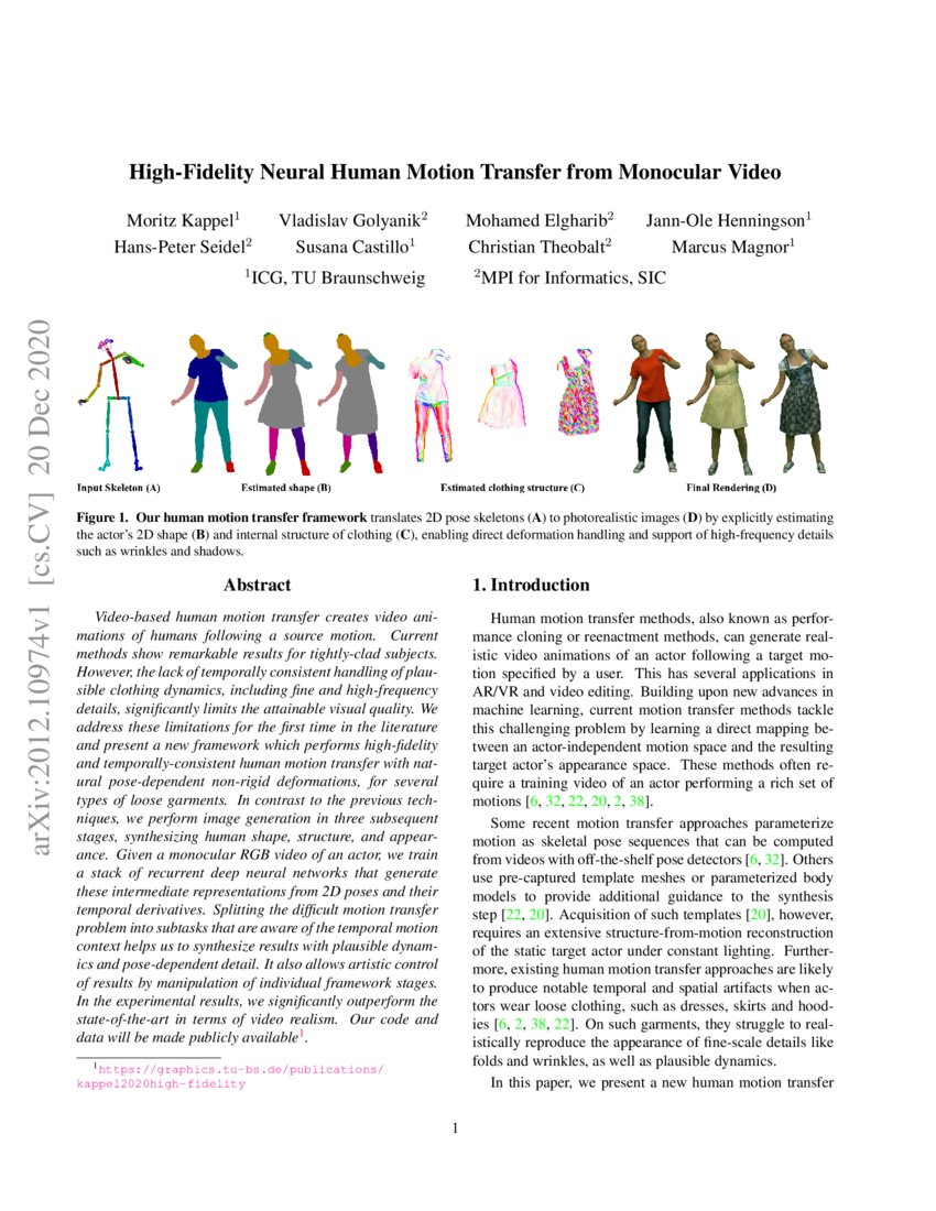 High-Fidelity Neural Human Motion Transfer from Monocular Video | DeepAI