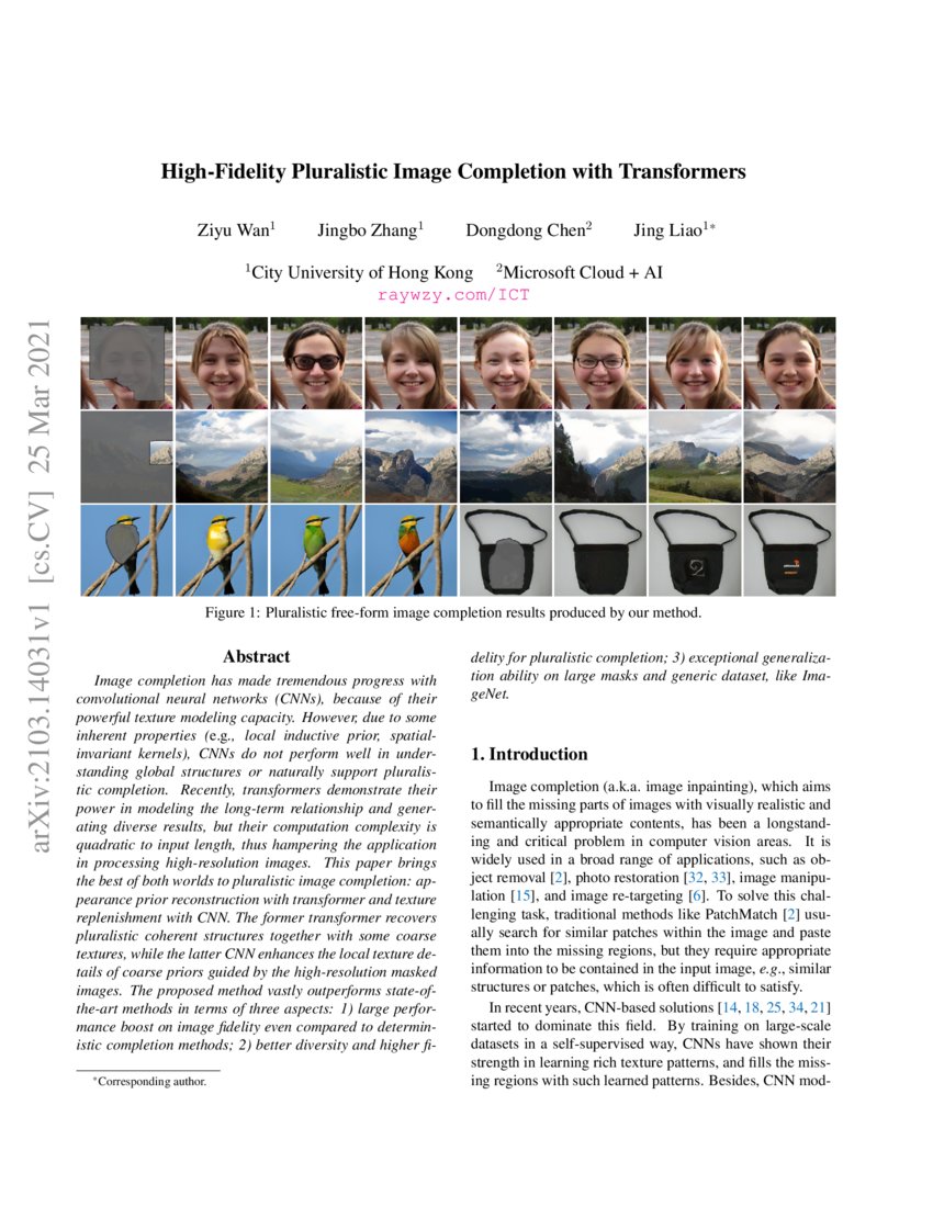 High-Fidelity Pluralistic Image Completion with Transformers | DeepAI