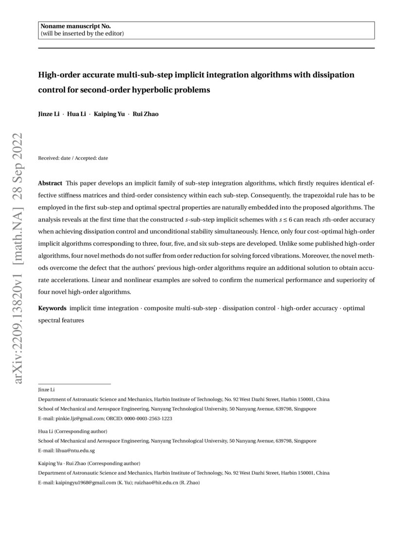 High Order Accurate Multi Sub Step Implicit Integration Algorithms With Dissipation Control For