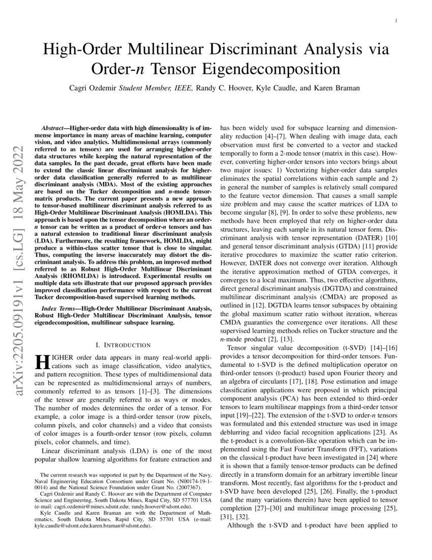High-Order Multilinear Discriminant Analysis via Order-n Tensor Eigendecomposition | DeepAI