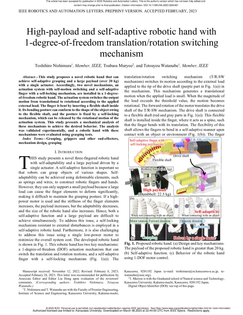 High-payload and self-adaptive robotic hand with 1-degree-of-freedom ...