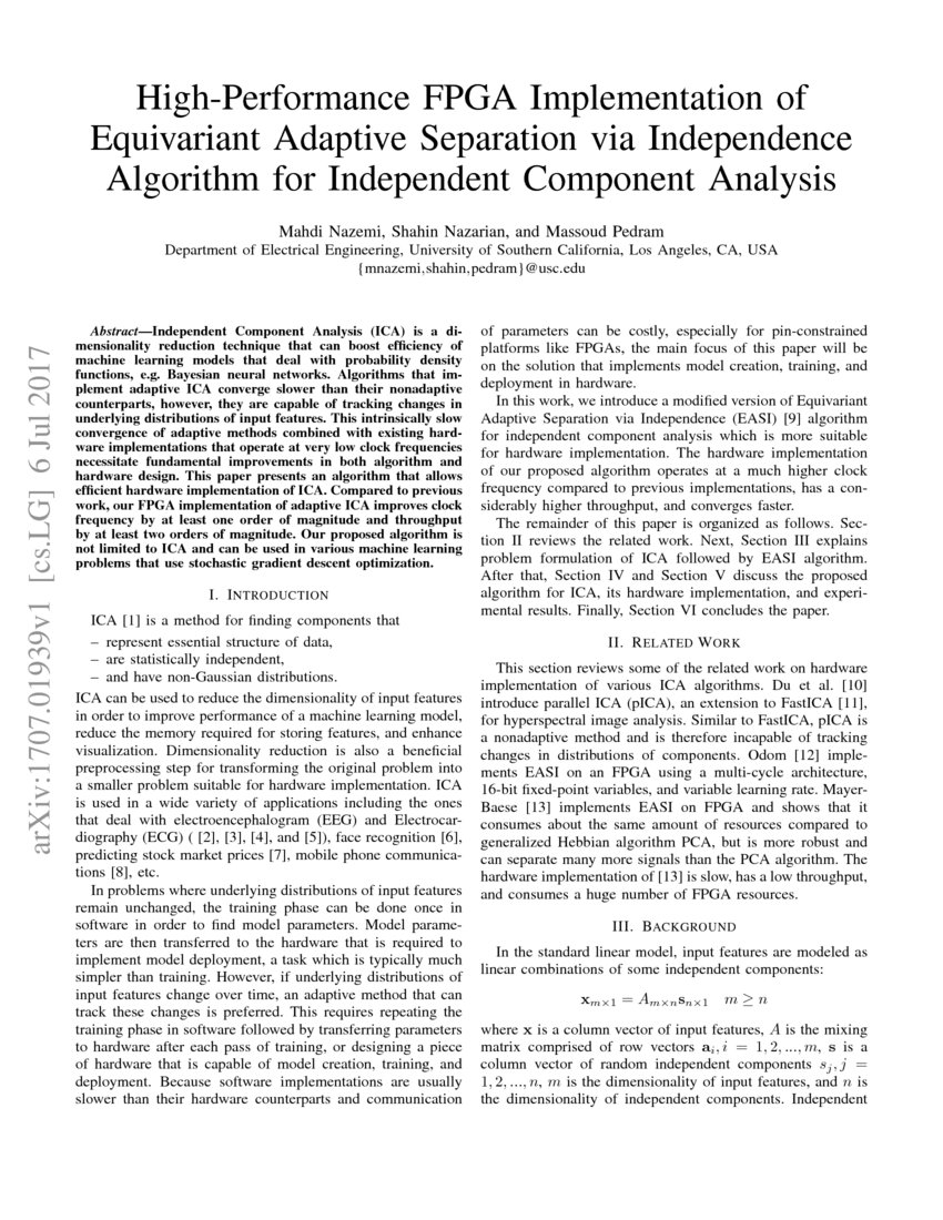 High Performance Fpga Implementation Of Equivariant Adaptive Separation Via Independence 