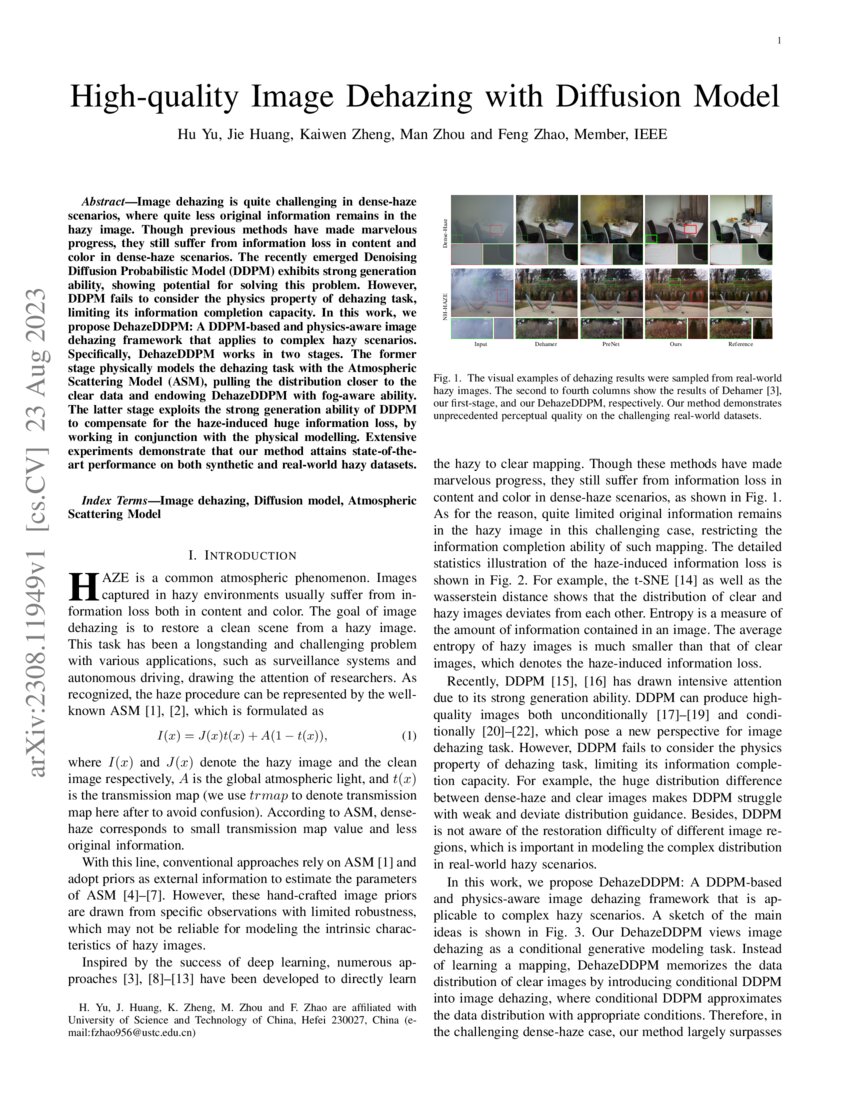 High Quality Image Dehazing With Diffusion Model Deepai