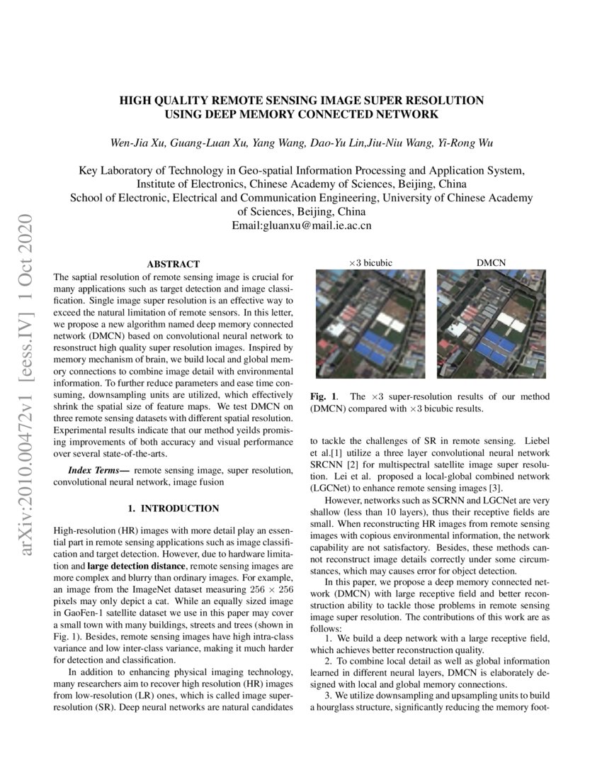 High Quality Remote Sensing Image Super-Resolution Using Deep Memory Connected Network | DeepAI