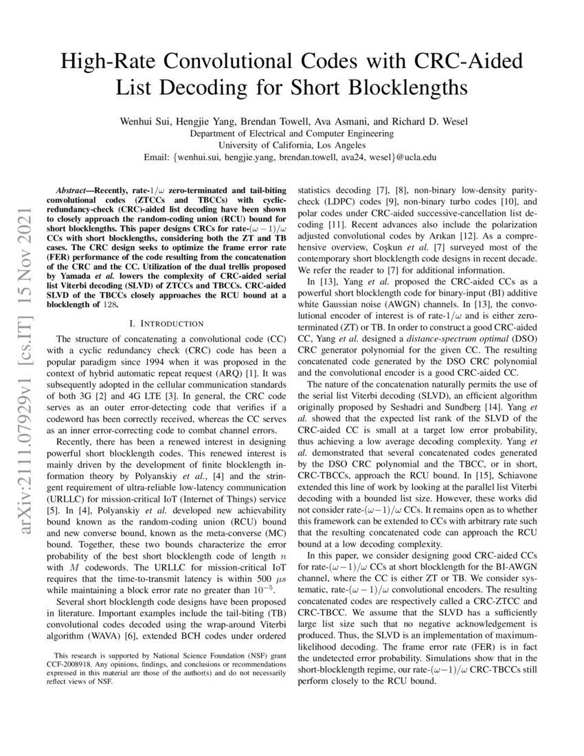 High Rate Convolutional Codes With Crc Aided List Decoding For Short Blocklengths Deepai