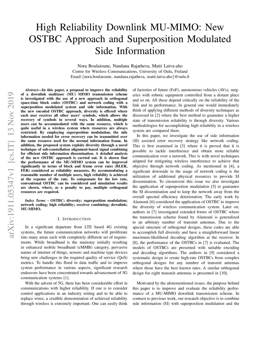 High Reliability Downlink MU-MIMO: New OSTBC Approach and Superposition ...