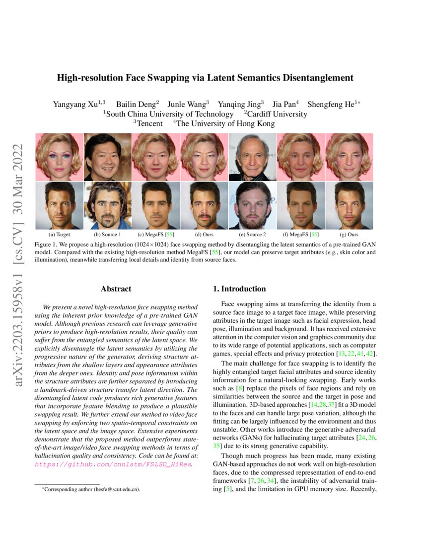 High-resolution Face Swapping via Latent Semantics Disentanglement | DeepAI