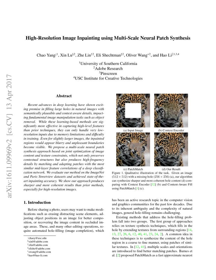 High-Resolution Image Inpainting using Multi-Scale Neural Patch Synthesis | DeepAI
