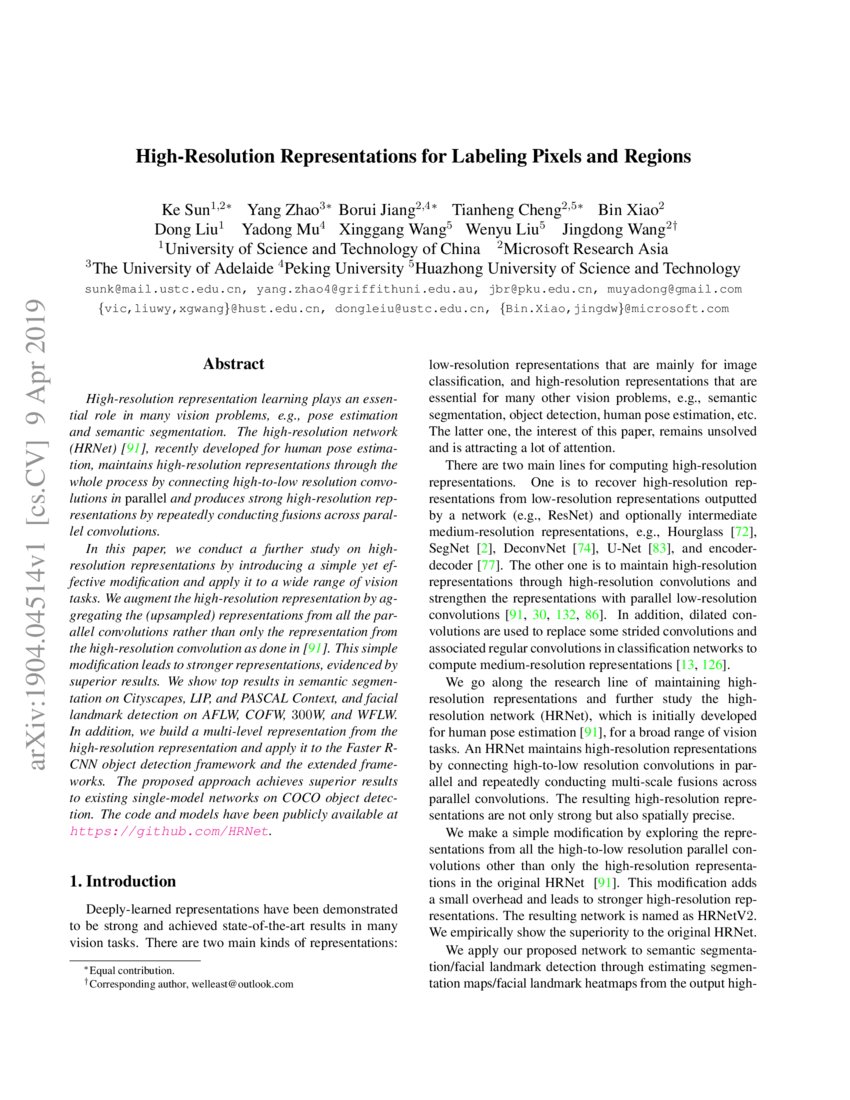 High-Resolution Representations for Labeling Pixels and Regions | DeepAI