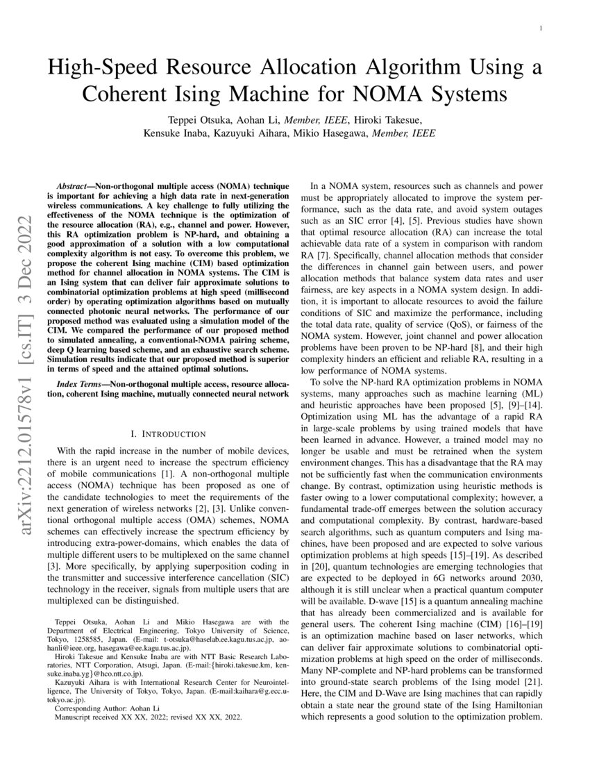 High Speed Resource Allocation Algorithm Using A Coherent Ising Machine