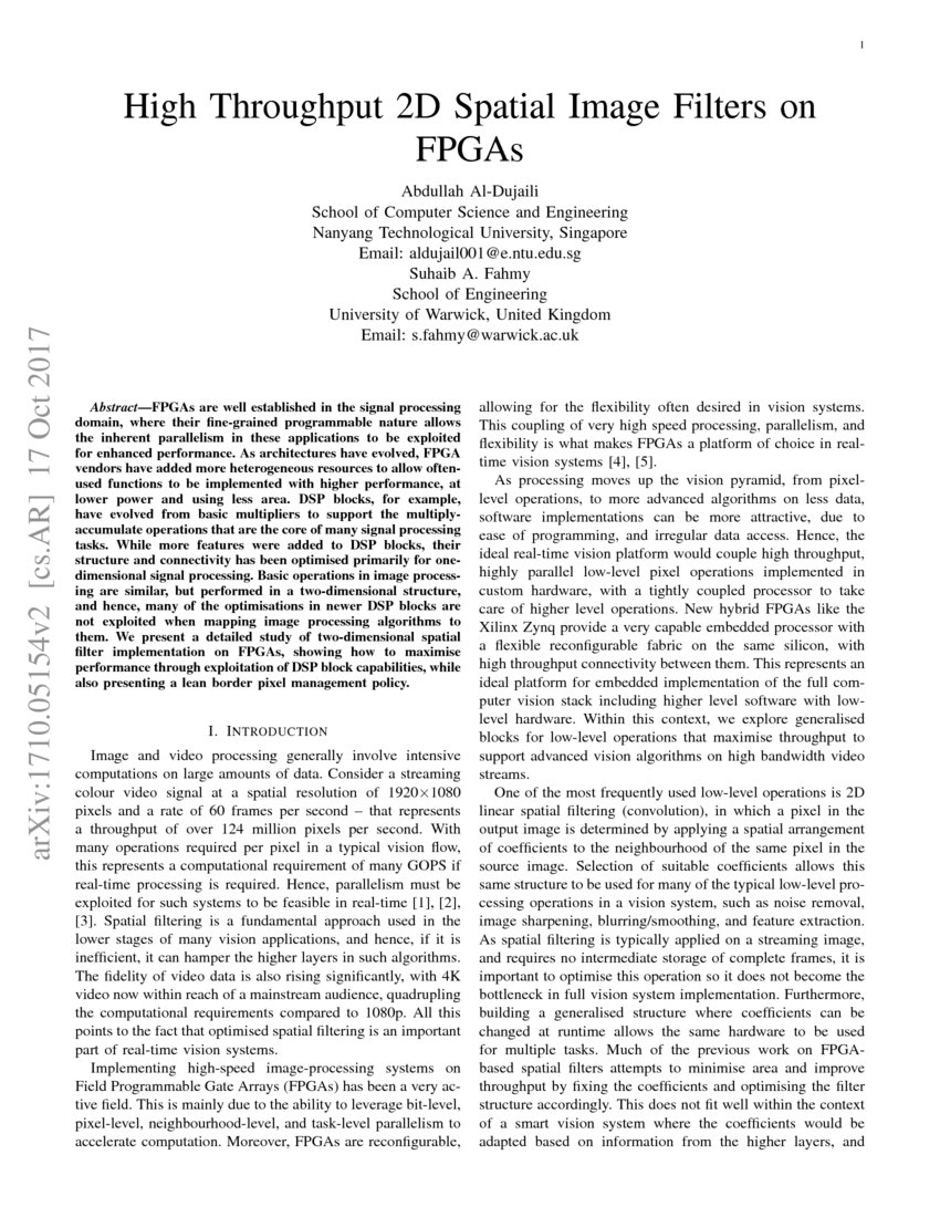 High Throughput 2D Spatial Image Filters on FPGAs | DeepAI