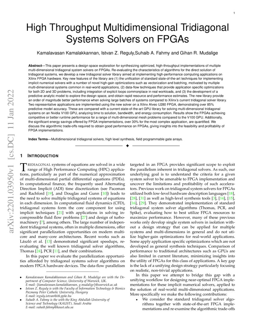 High Throughput Multidimensional Tridiagonal Systems Solvers on FPGAs | DeepAI