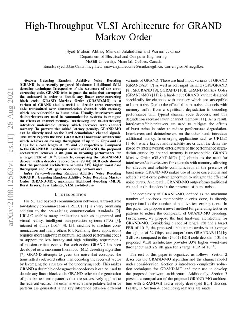 High-Throughput VLSI Architecture for GRAND Markov Order | DeepAI
