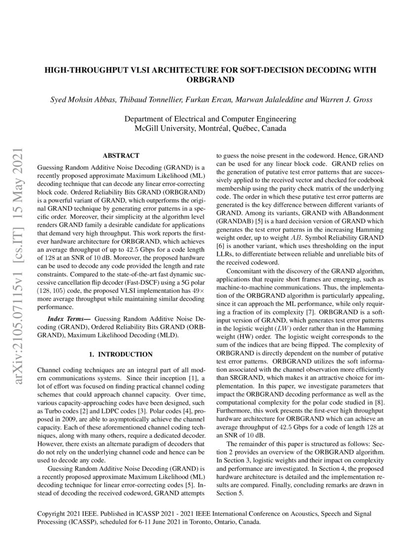High Throughput Vlsi Architecture For Soft Decision Decoding With Orbgrand Deepai