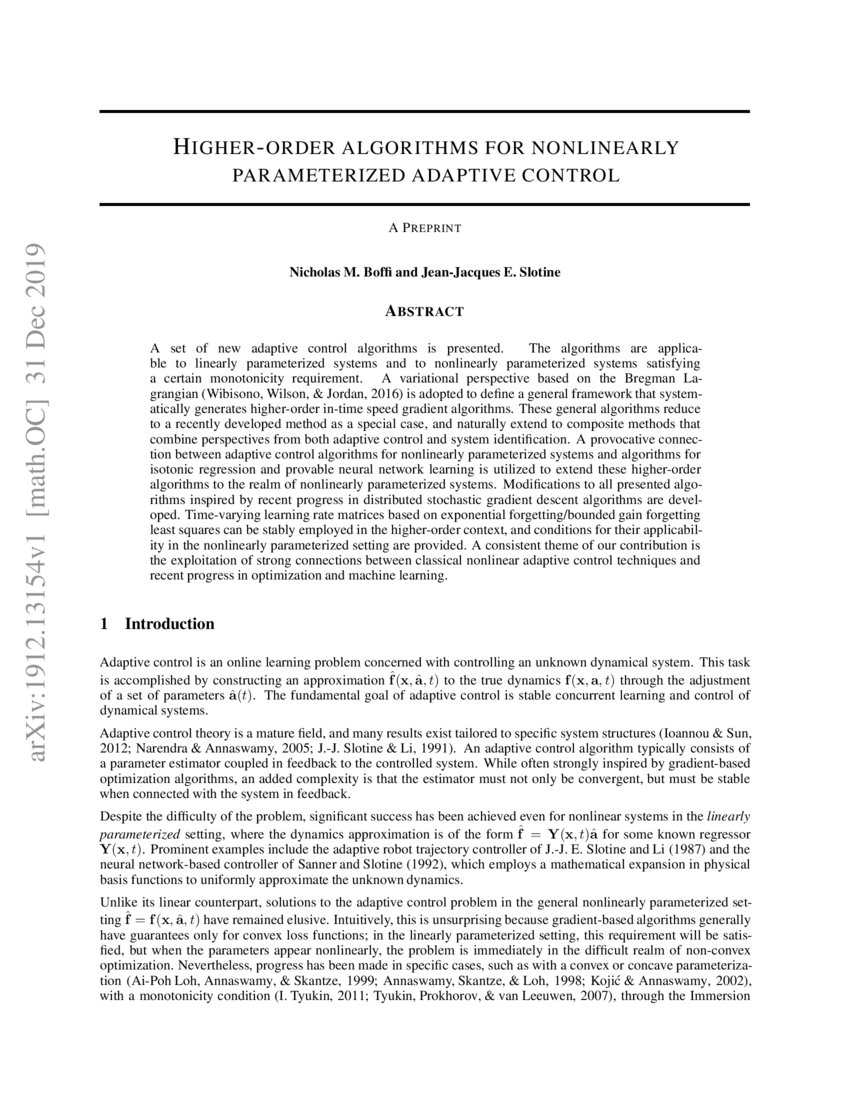 Higher Order Algorithms For Nonlinearly Parameterized Adaptive Control Deepai
