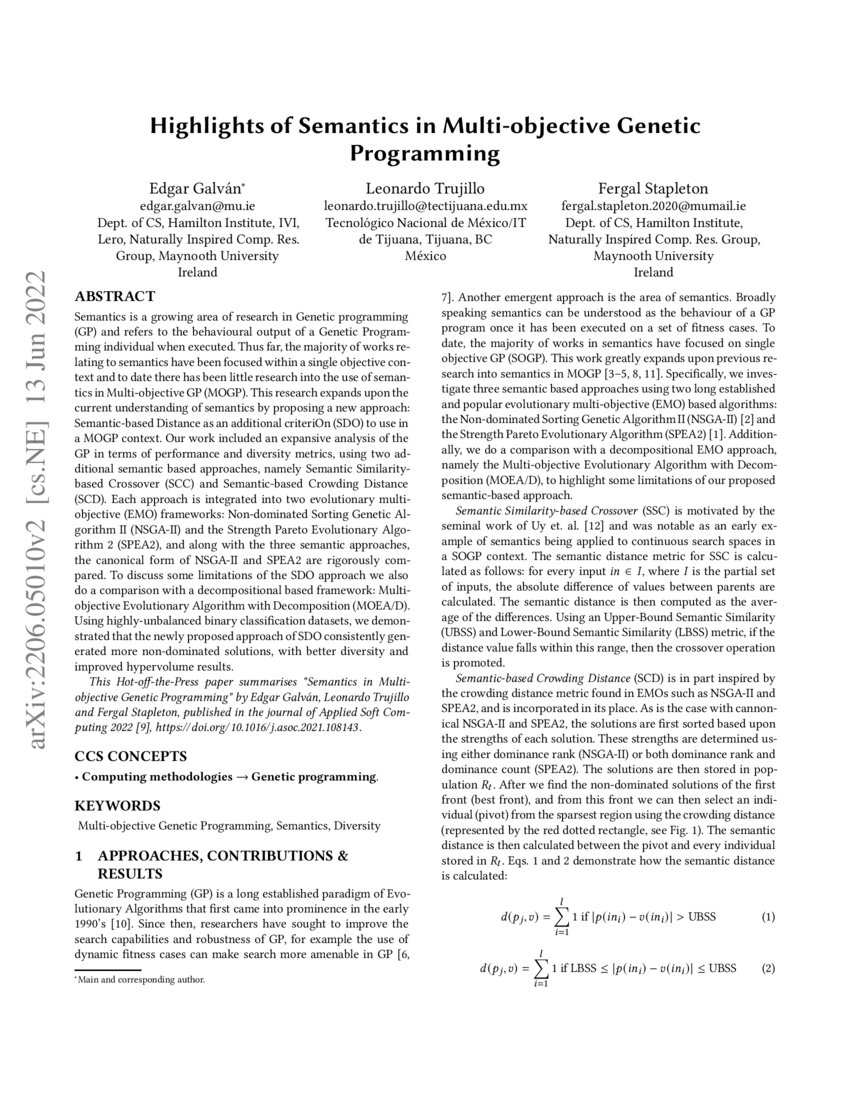Highlights Of Semantics In Multi Objective Genetic Programming Deepai 