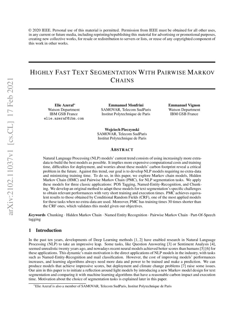 Highly Fast Text Segmentation With Pairwise Markov Chains | DeepAI
