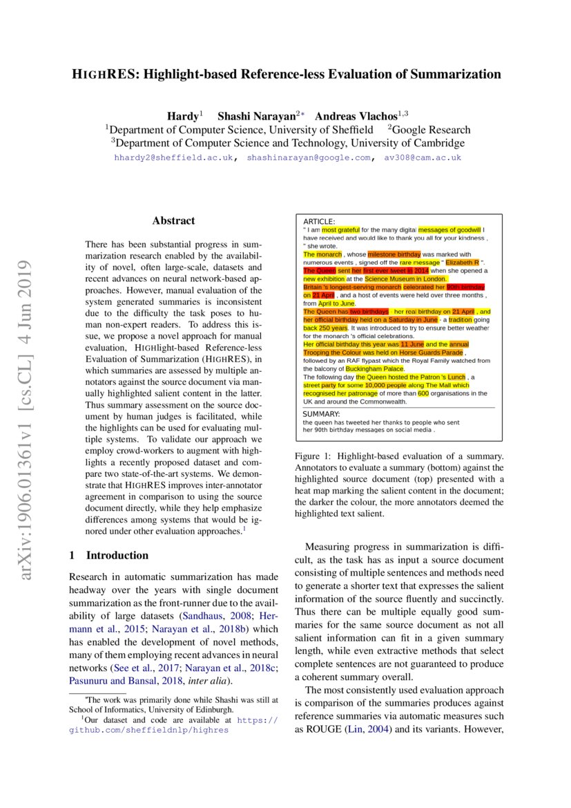 HighRES: Highlight-based Reference-less Evaluation of Summarization ...