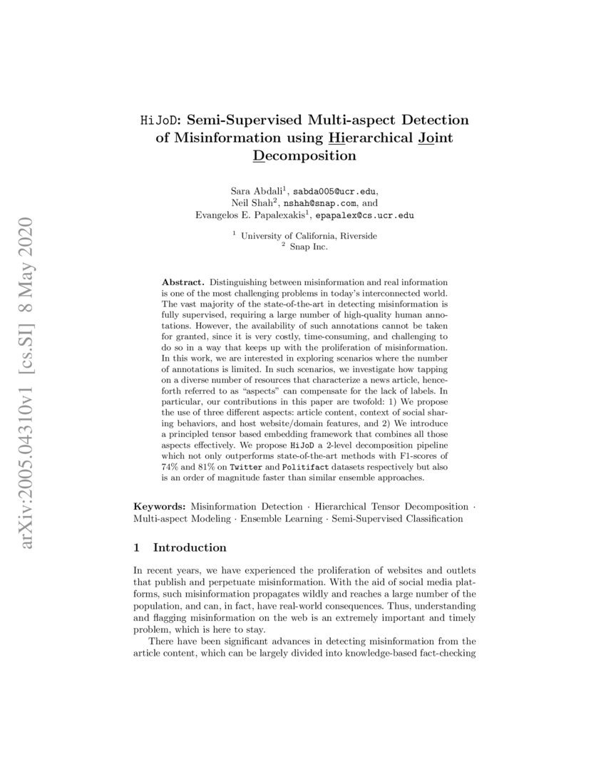HiJoD: Semi-Supervised Multi-aspect Detection of Misinformation using ... HiJoD: Semi-Supervised Multi-aspect Detection of Misinformation using ...