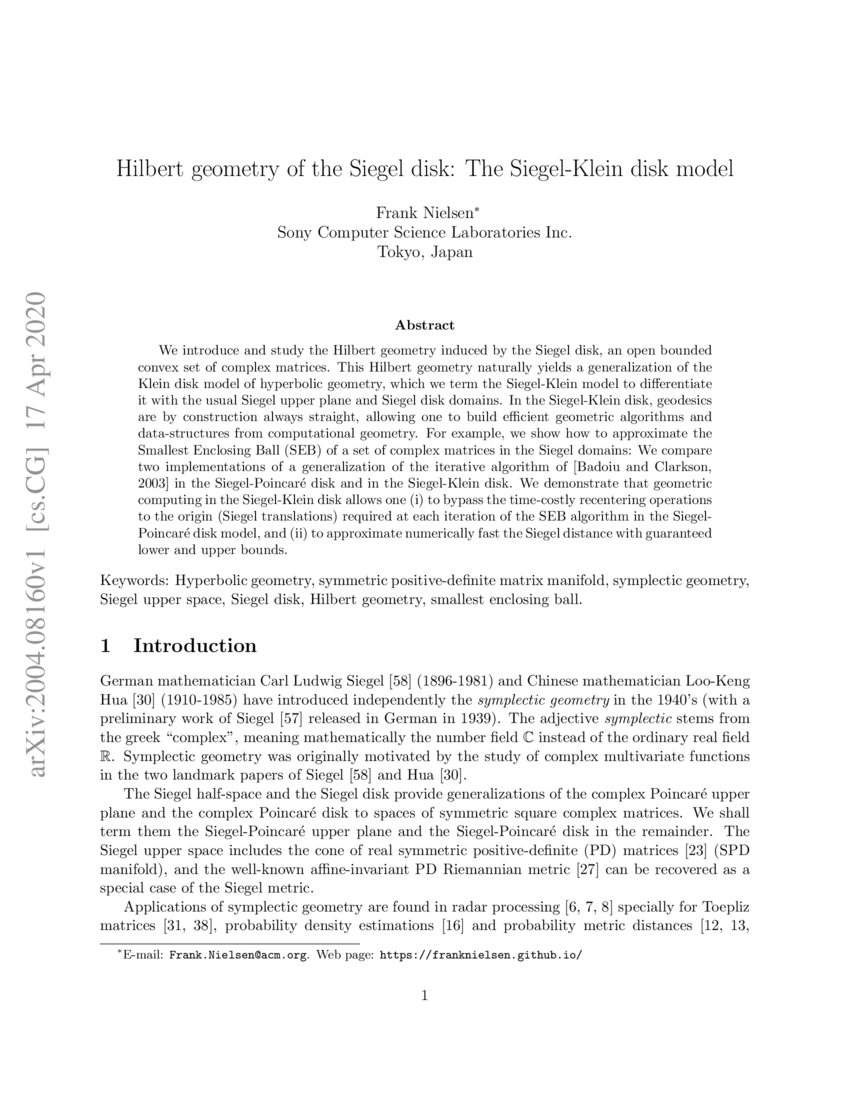 Hilbert Geometry Of The Siegel Disk The Siegel Klein Disk Model Deepai