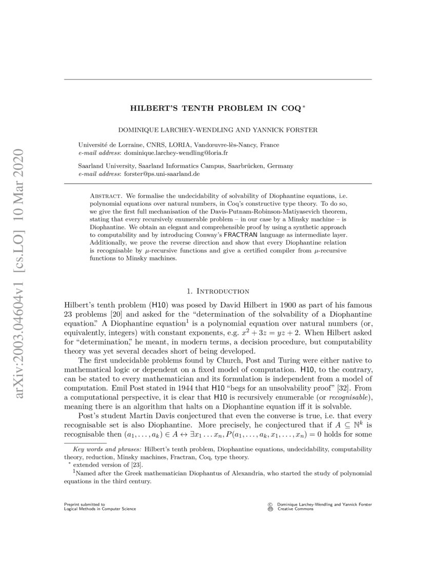 Hilbert's Tenth Problem in Coq | DeepAI