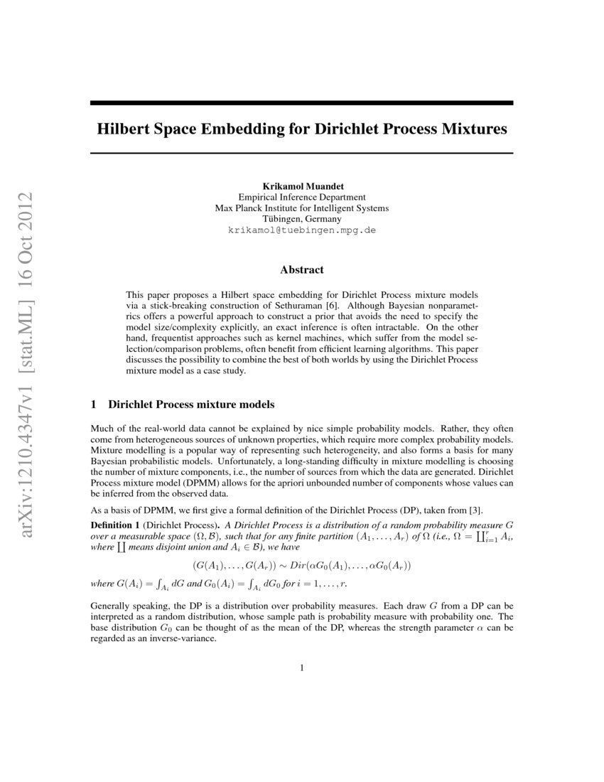 Hilbert Space Embedding for Dirichlet Process Mixtures | DeepAI