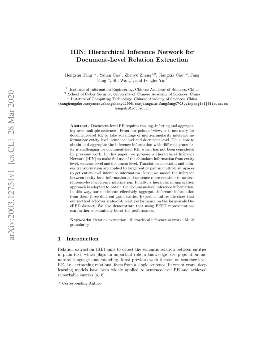 HIN: Hierarchical Inference Network for Document-Level Relation Extraction | DeepAI