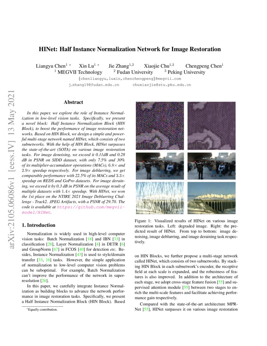 HINet: Half Instance Normalization Network for Image Restoration | DeepAI