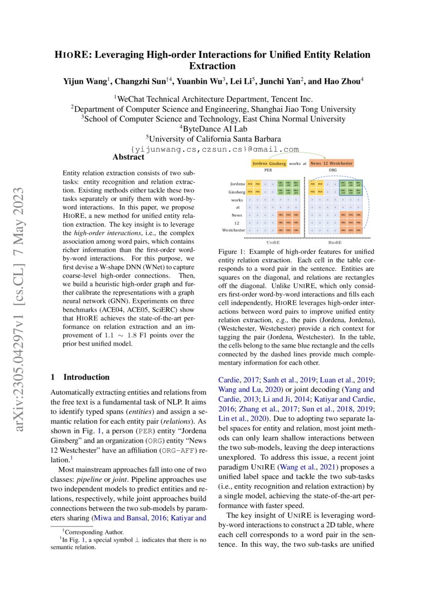 Hiore Leveraging High Order Interactions For Unified Entity Relation Extraction Deepai