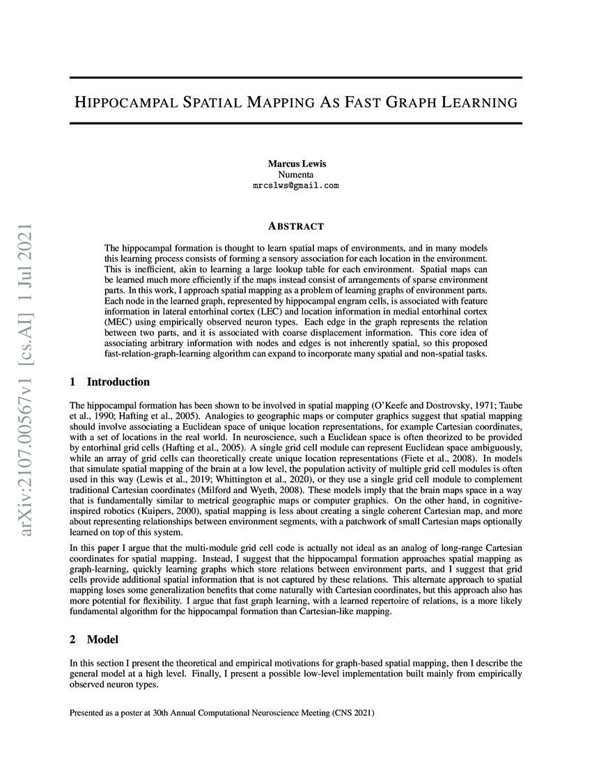 Hippocampal Spatial Mapping As Fast Graph Learning | DeepAI