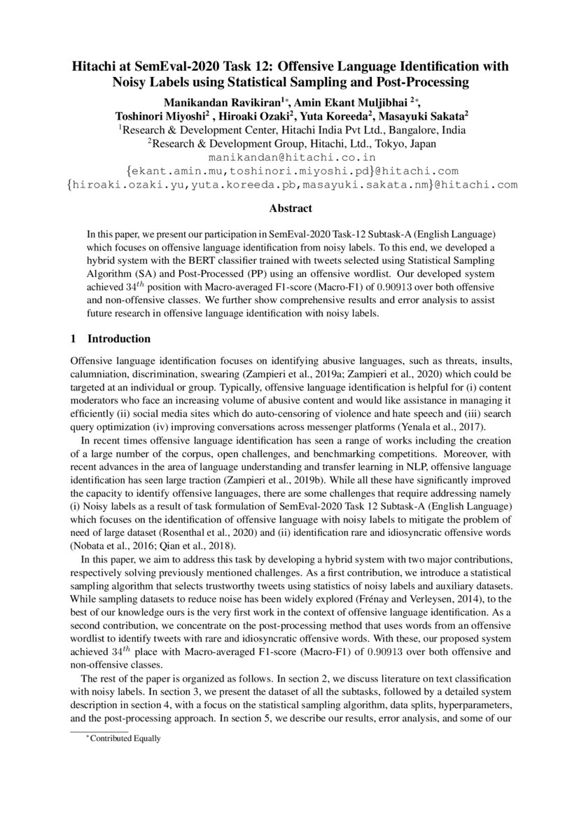 Hitachi at SemEval-2020 Task 12: Offensive Language Identification with ...