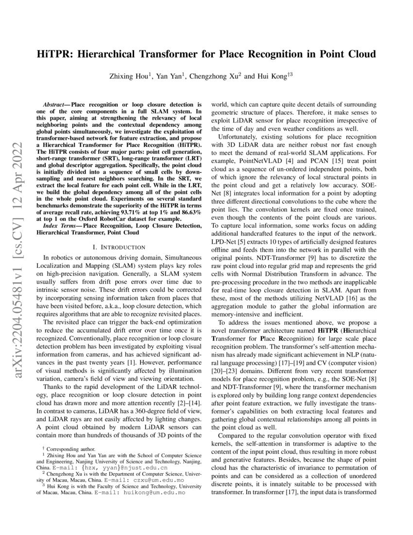 HiTPR: Hierarchical Transformer for Place Recognition in Point Cloud ...