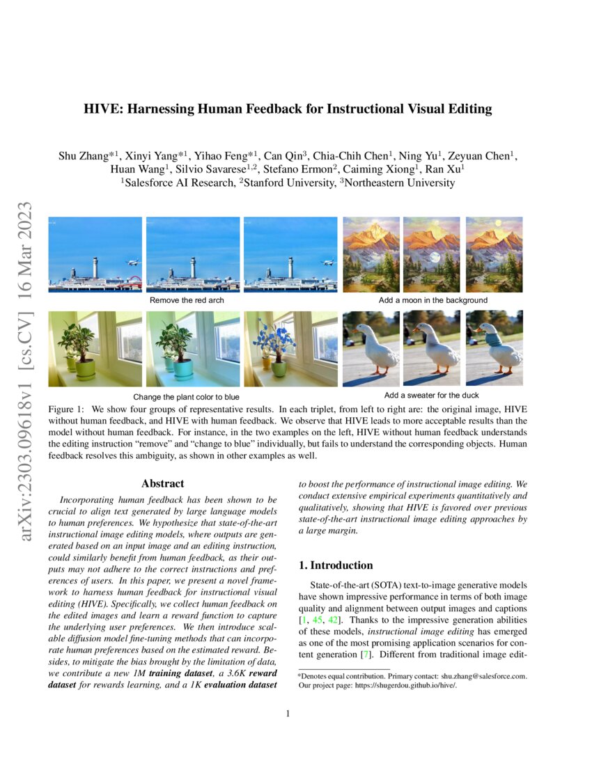 HIVE: Harnessing Human Feedback for Instructional Visual Editing | DeepAI