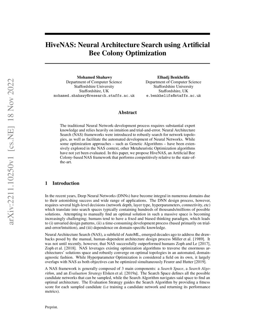 HiveNAS: Neural Architecture Search using Artificial Bee Colony Optimization | DeepAI