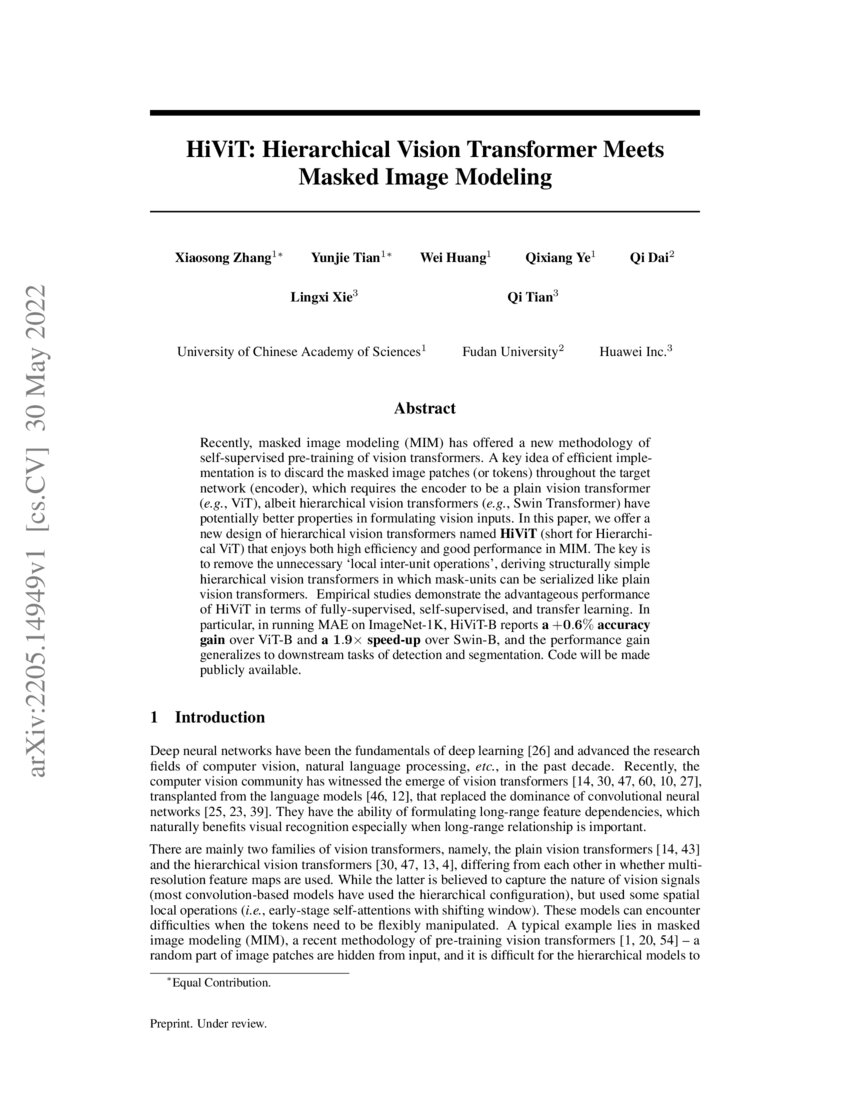 HiViT: Hierarchical Vision Transformer Meets Masked Image Modeling | DeepAI