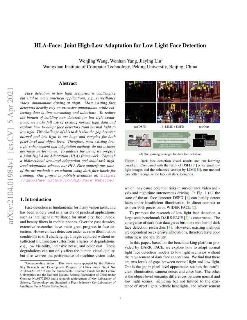 HLA-Face: Joint High-Low Adaptation for Low Light Face Detection | DeepAI