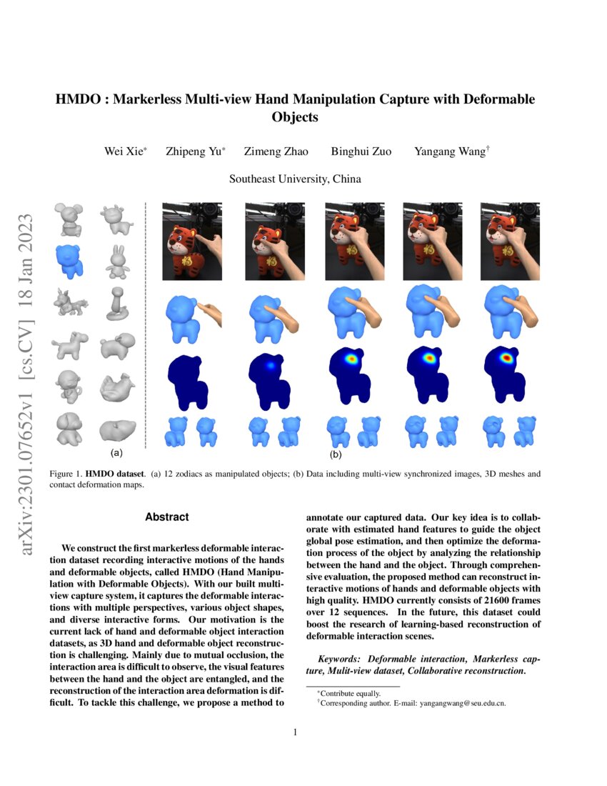 Hmdo Markerless Multi View Hand Manipulation Capture With Deformable Objects Deepai