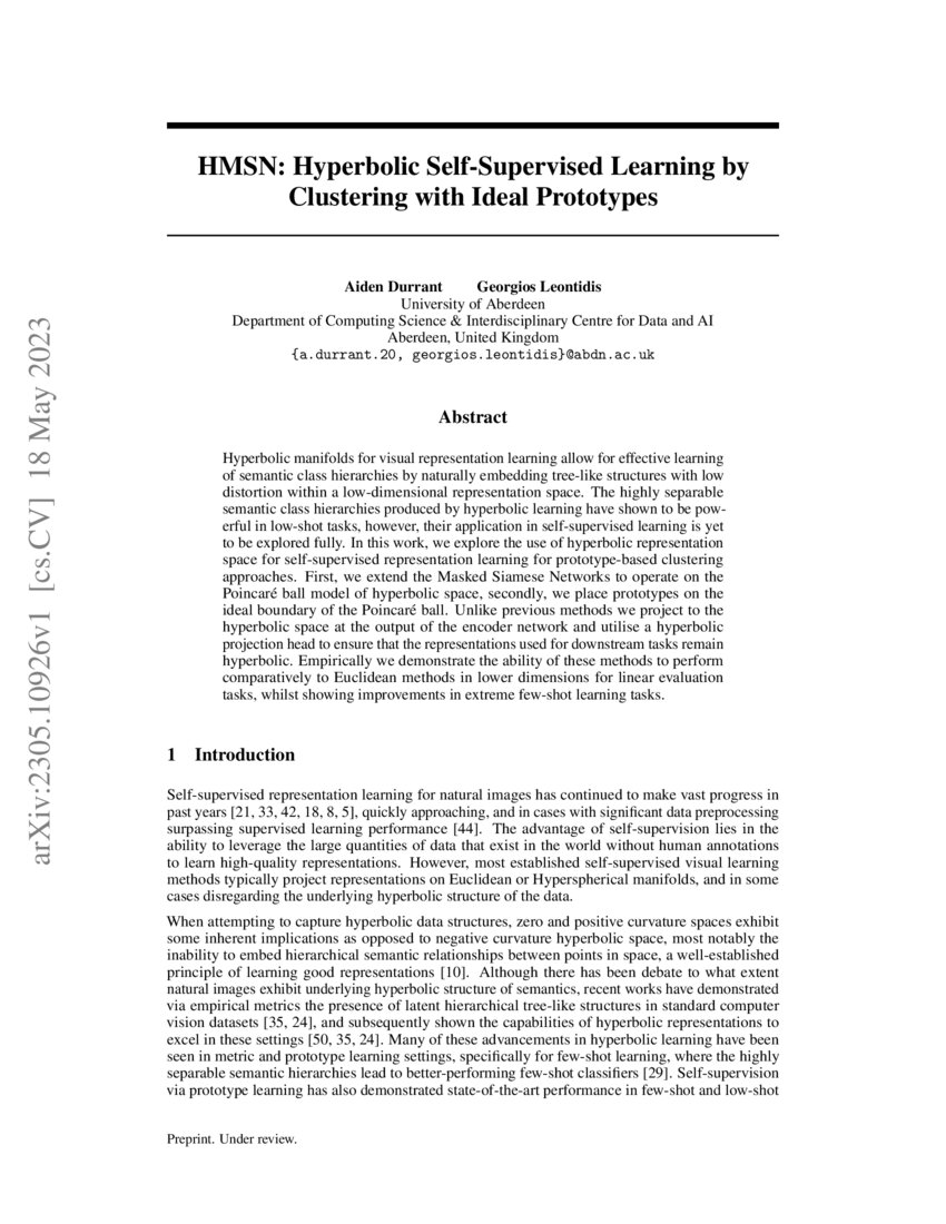 Hmsn Hyperbolic Self Supervised Learning By Clustering With Ideal