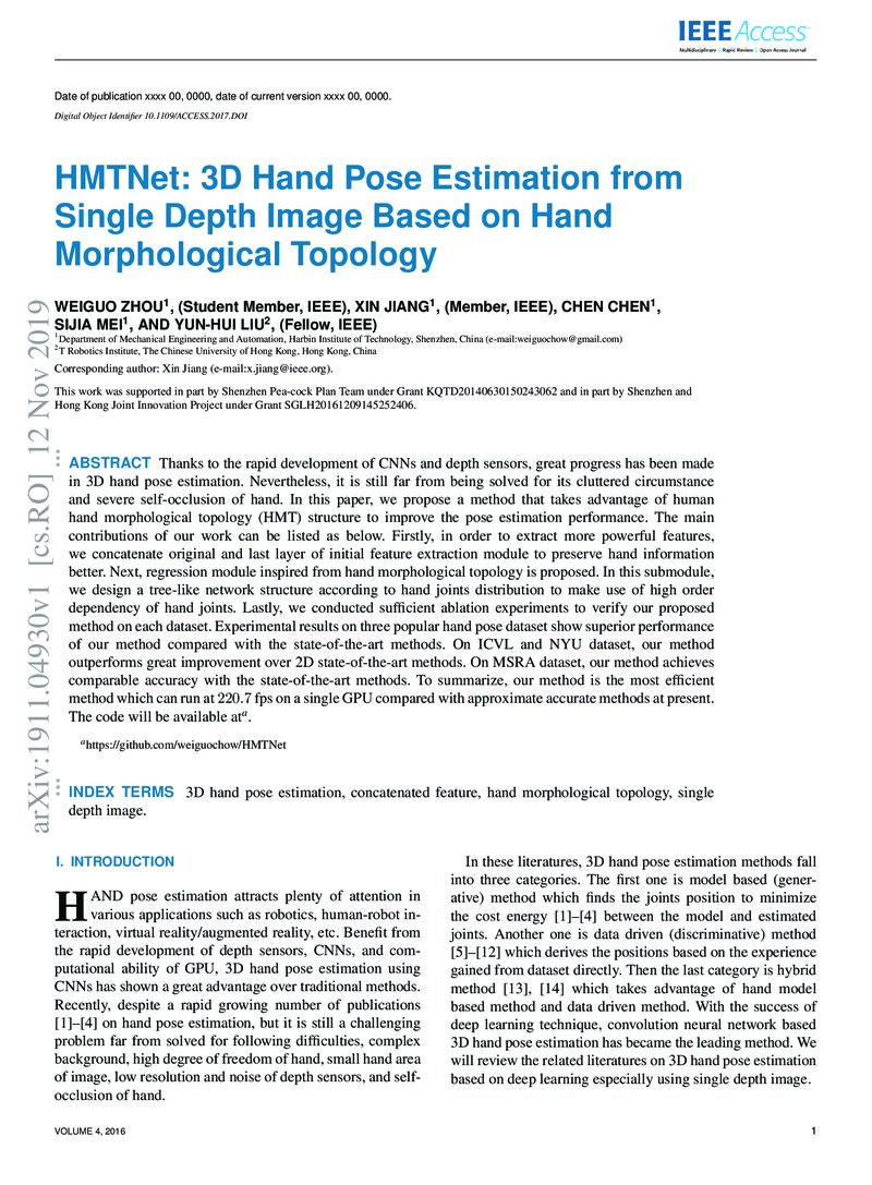 HMTNet:3D Hand Pose Estimation from Single Depth Image Based on Hand Morphological Topology | DeepAI